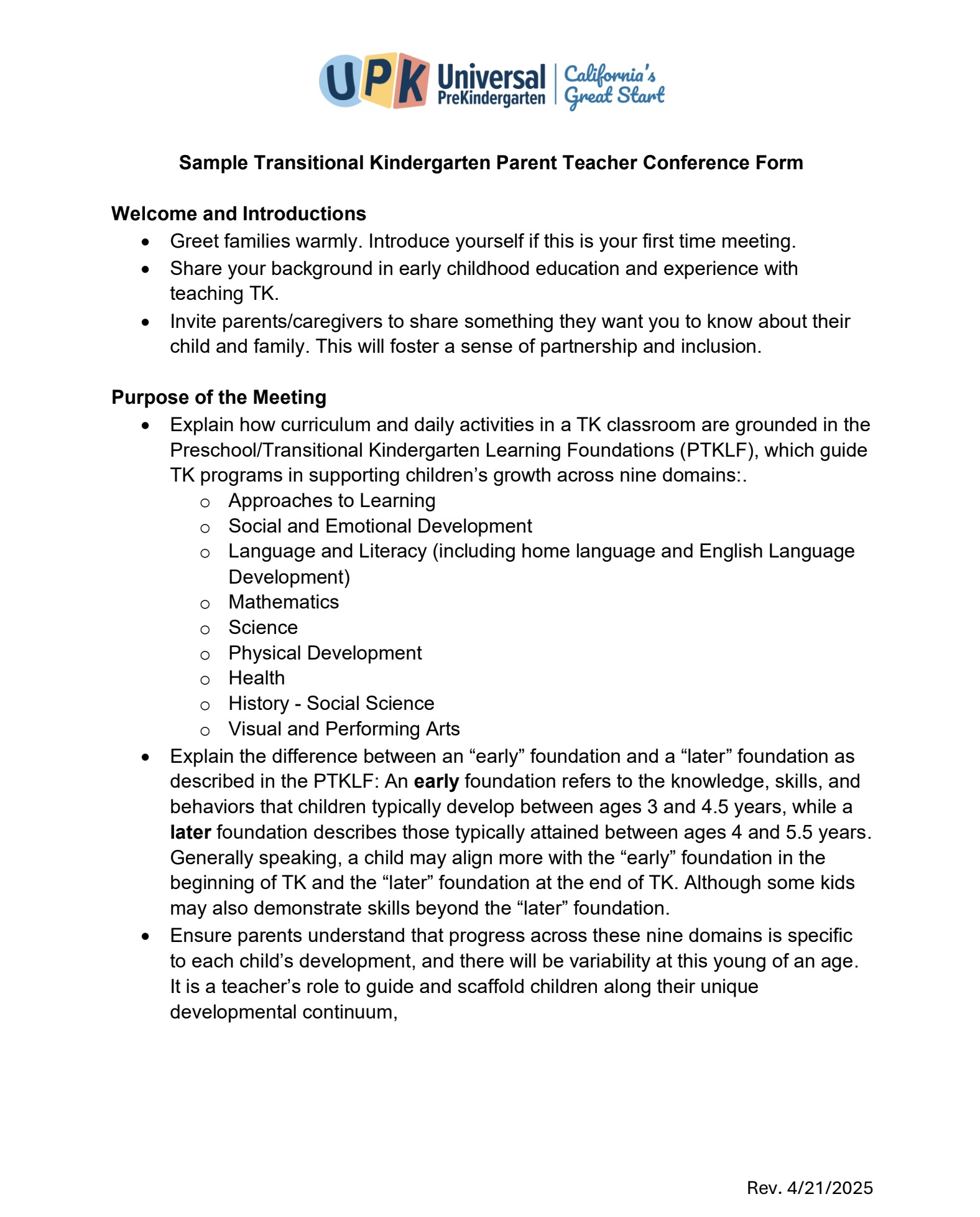 Sample TK Parent Teacher Conference Form - California’s Universal ...
